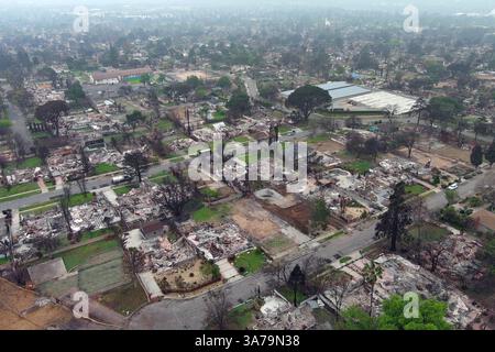 An aerial view of homes burned during the Eaton Canyon fire, Wednesday ...
