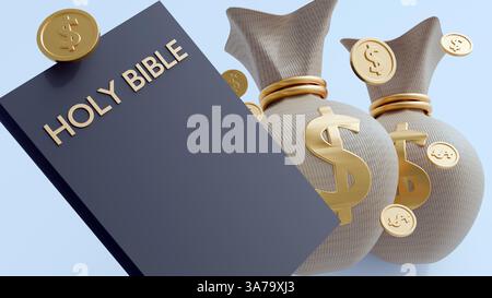 A 3d rendering of A holy bible, beige money bag and several gold coins ...