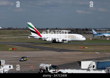 Emirates A380-842 landing at Birmingham Airport, UK (A6-EUY Stock Photo ...