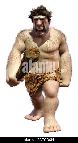 3D rendering of a cartoon caveman holding a club isolated on white ...