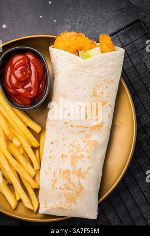 Doner kebab with shrimps, prawns and salad isolated on white background ...