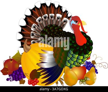 Thanksgiving design with cartoon turkey and pumpkin over brown ...