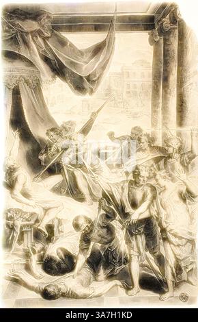 A dramatic scene unfolds as figures engage in a tense interaction, with ...