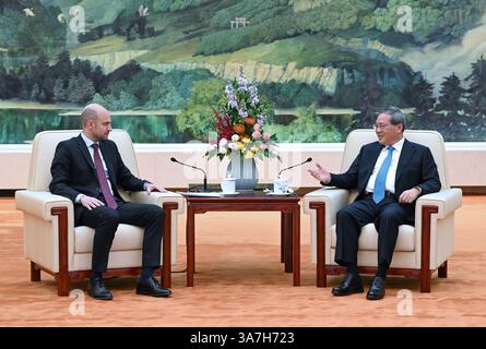 French Foreign Minister Jean-Noel Barrot, center, talks with Dutch ...
