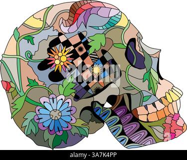 Sugar skull side view with floral ornament illustration for coloring on ...