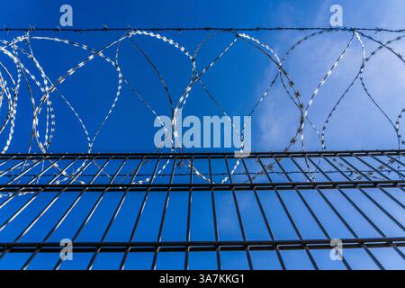 Symbolic image of security, S-wire coils, NATO wire, on a fence crown ...