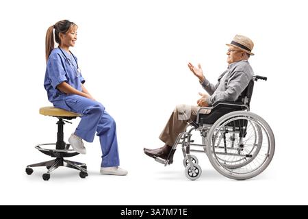 Asian healthcare worker talking on phone in bright modern office ...
