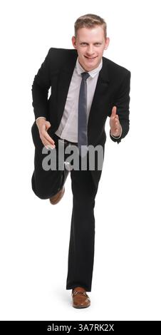 Business competition. Happy man running on white background Stock Photo ...