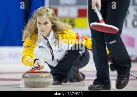 Team Manitoba skip Jennifer Jones, centre, directs her team against ...