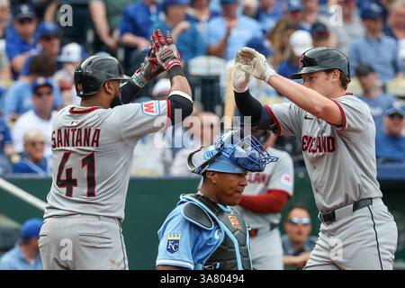 Cleveland Guardians' Kyle Manzardo, right, celebrates with Steven Kwan ...