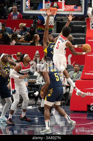 Washington Wizards guard AJ Johnson (5) drives on Miami Heat forward ...