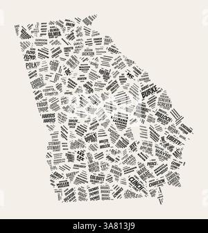 Georgia counties map word cloud. Georgia region names. Black and white ...