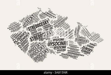Czechia regions map word cloud. Czechia region names. Black and white ...