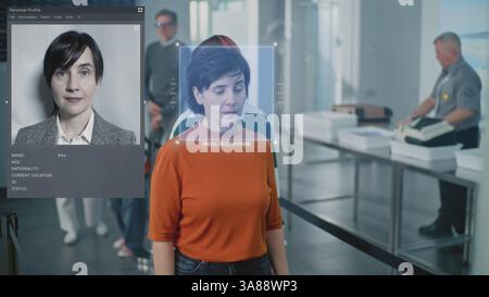 Security Checkpoint: Queue of Diverse People Passing Biometric AI Face ...