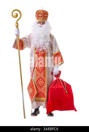 Saint Nicholas with sack on white background Stock Photo - Alamy