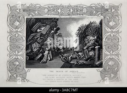 Steel Engraving of The Death of Samson by Grasping the Two Pillars of ...
