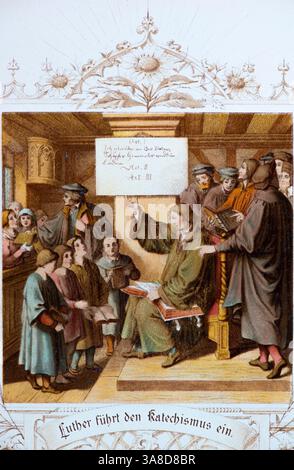 Luther introduces the catechism, interior of the church, Luther sits in ...