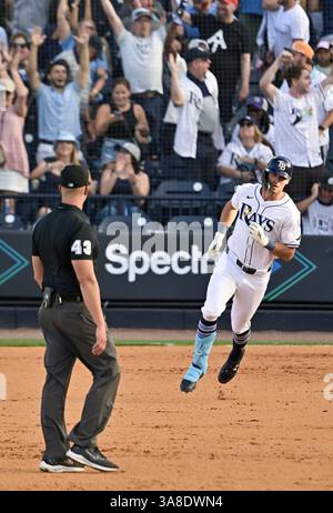 Tampa Bay Rays' Kameron Misner, right, celebrates with Travis Jankowski ...