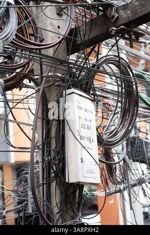 A tangled mess of cables and wires used for phone and internet ...