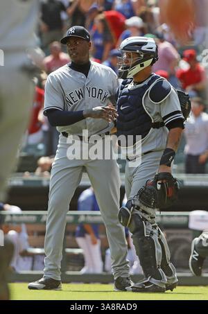 Texas Rangers closer Aroldis Chapman winds up during the ninth inning ...