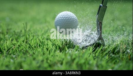 Golf club hits a golf ball. Drops of morning dew and grass particles ...