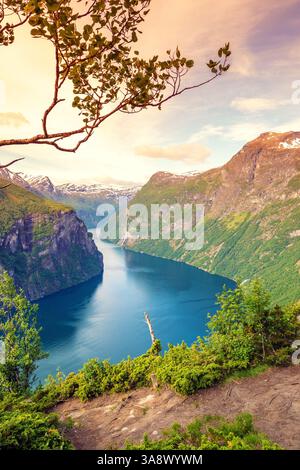 View of the Geiranger fjord from Ornesvingen Viewpoint. Beautiful ...