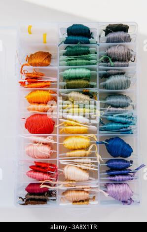 Collection of colourful embroidery threads in an organiser Stock Photo ...