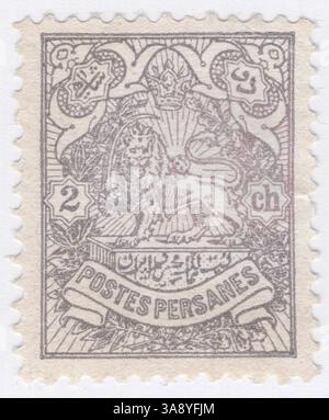 IRAN - 1903: 2 chahi grey postage stamp depicting Lion with Sun and ...