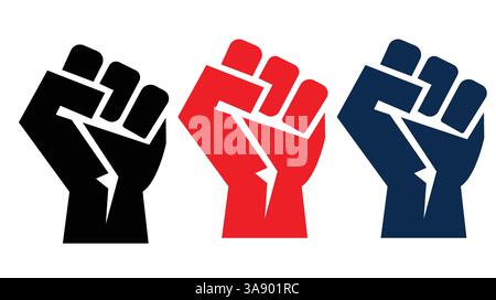 Black raised fist protest symbol icons. Hands clenched power symbol ...