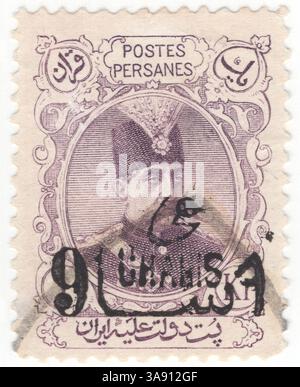 IRAN - 1907: 1 chahi violet on blue postage stamp depicting "Heraldic ...