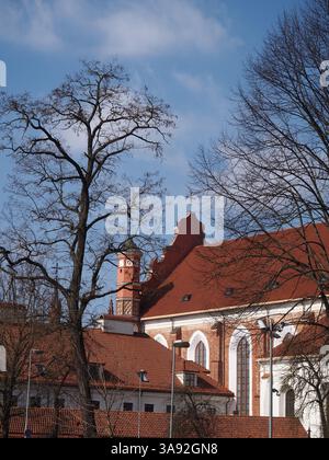 Spring view of red brick gothic church with twin spires framed by fresh ...