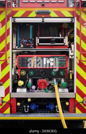 fire pump panel on fire engine with valves and pressure gauges Stock ...