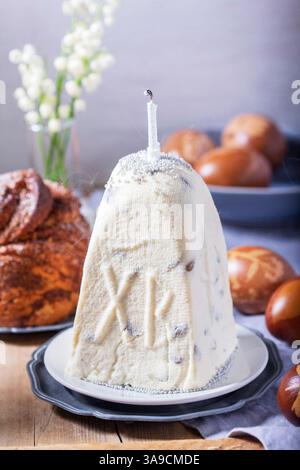 Curd paskha, Easter kulich and painted eggs, traditional Easter symbols consecrated in the ...