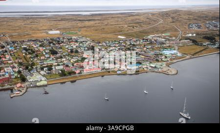 An aerial photograph of Stanley, the capital of The Falkland Islands ...