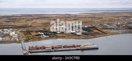 An aerial photograph of Stanley, the capital of The Falkland Islands ...