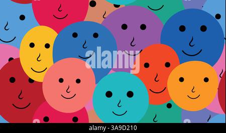 Seamless pattern of group of abstract faces smile emoji frontal view of ...