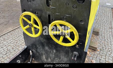 Old yellow diesel locomotive. Underground coal mine transport rail ...