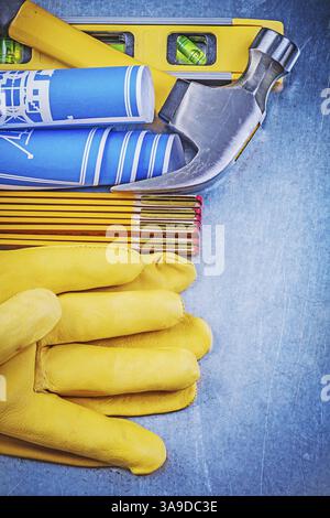 Construction drawings level wooden meter try square on grooved metal ...