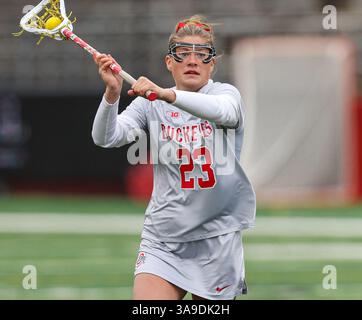 March 30, 2025: Ohio St. midfielder Abby Boyle (5) tries to get the ...