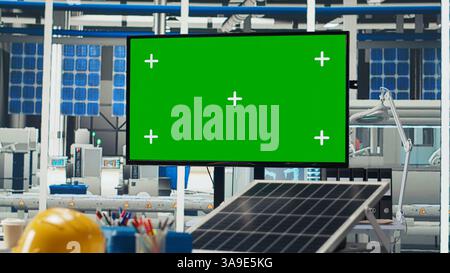 Isolated screen display overseeing solar panels plant, troubleshooting technical issues. Mockup ...
