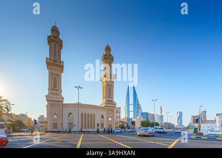 Ras Rumman Mosque with the World Trade Center towers behind, Bahrain ...