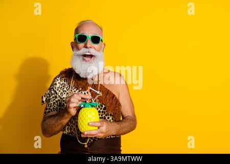Photo of funny funky barbarian guy dressed leopard fur roaring blank ...