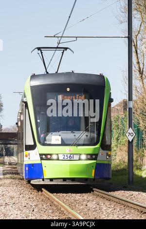 Closeup of Elmers End Tramlink tram line running through Morden Hall ...