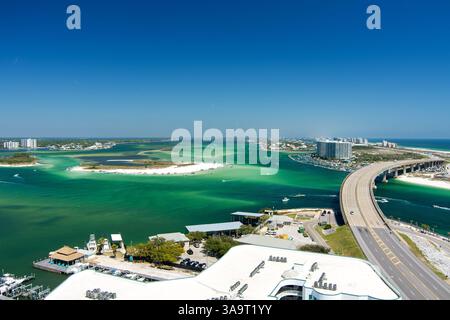 Aerial view of Perdido Pass bridge and the beach in Orange Beach ...