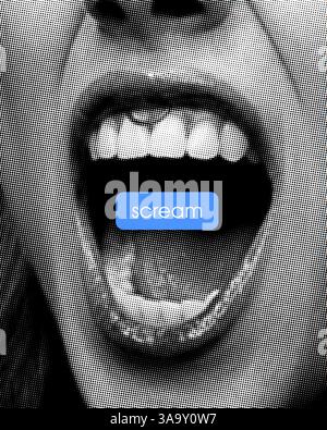Angry. Contemporary art collage. Wide open mouth showing tension and ...