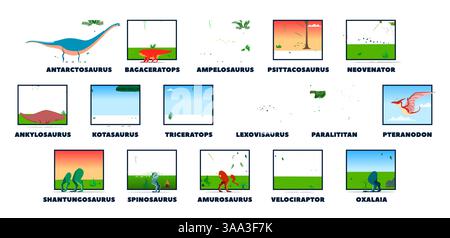 Prehistoric dinosaurs and cartoon lizards species with names, vector ...