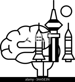 A brain is surrounded by rockets and a tall building. The brain is red ...
