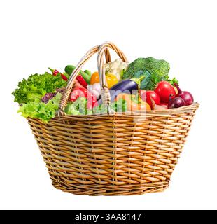 Farmer with wicker basket of vegetables on white background Stock Photo ...