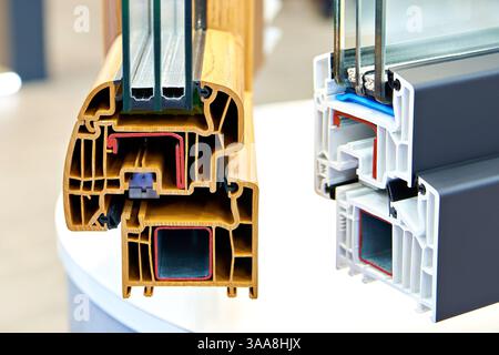 Sectional frame window of plastic insulating glass unit in store Stock ...