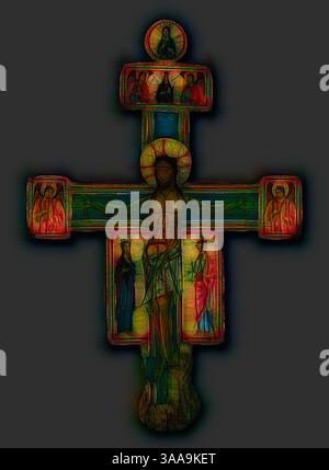 A stylized depiction of a crucifix, featuring intricate outlines and ...
